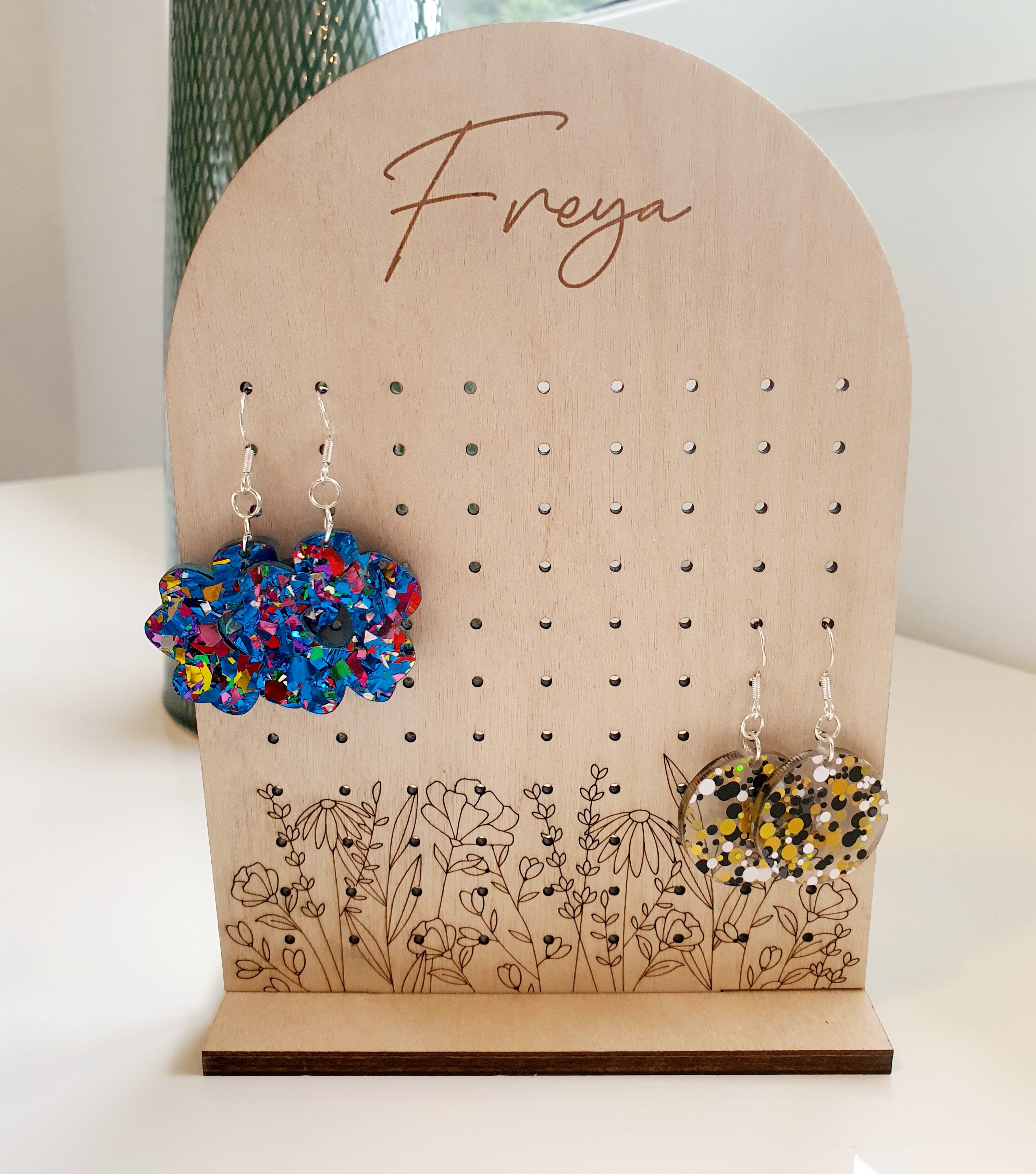 Personalised Floral Earring Stand | Wooden Earring Stand by Whimsic